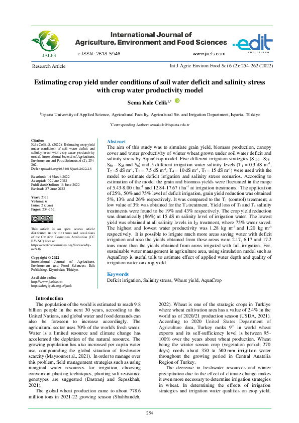 (PDF) Estimating crop yield under conditions of soil water deficit and salinity stress with crop ...