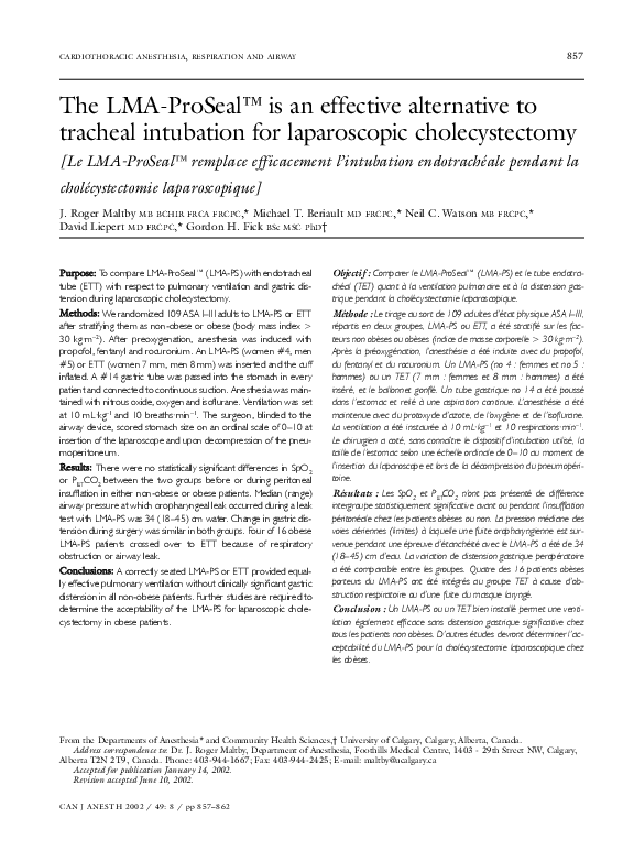(PDF) The LMA-ProSeal™ is an effective alternative to tracheal ...