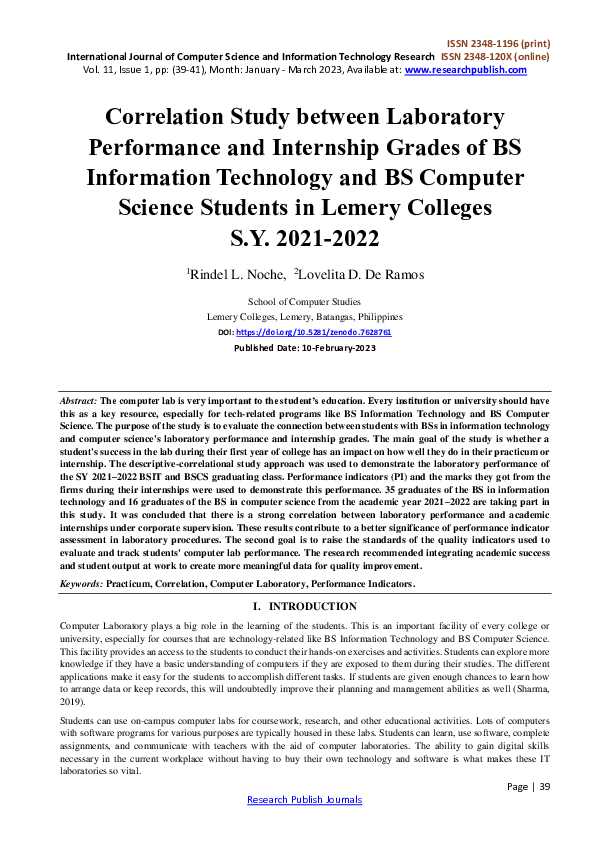 (PDF) Correlation Study between Laboratory Performance and Internship Grades of BS Information ...