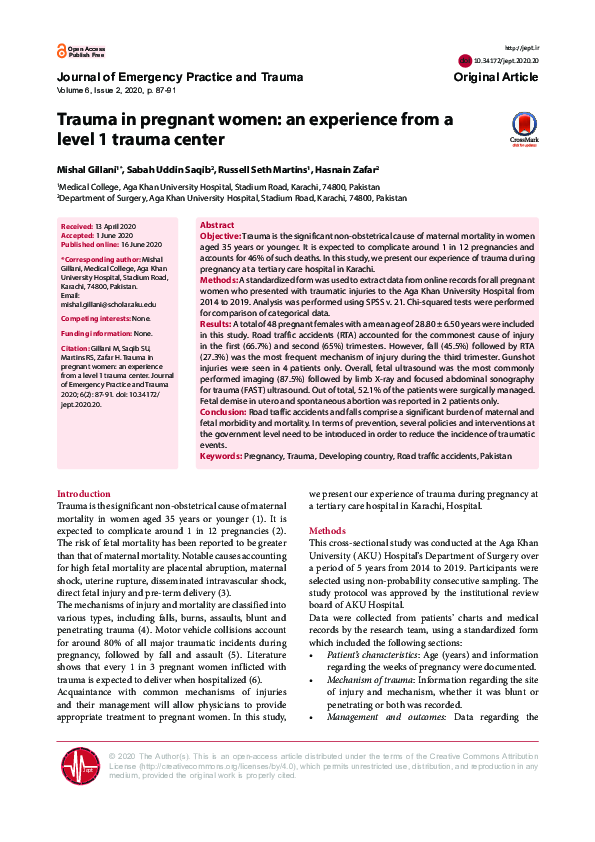 (PDF) Trauma in pregnant women: an experience from a level 1 trauma center