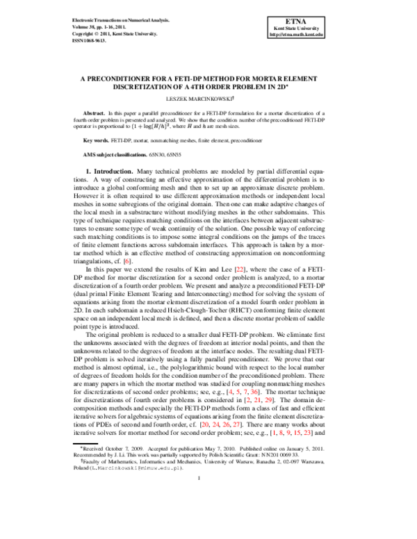 (PDF) A Preconditioner for a Feti-DP Method for Mortar Element Discretization of a 4TH Order ...
