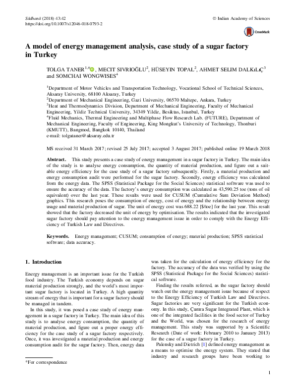 (PDF) A model of energy management analysis, case study of a sugar ...