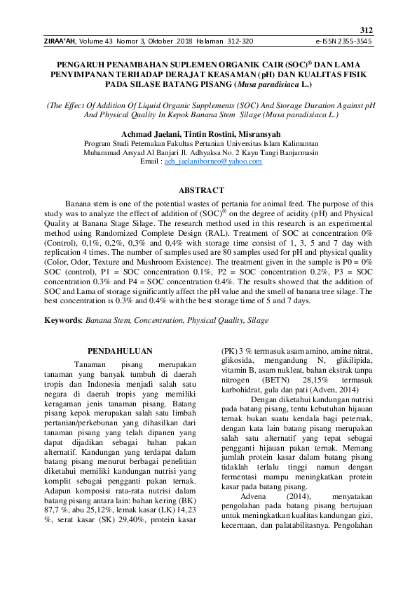 (PDF) PENGARUH PENAMBAHAN SUPLEMEN ORGANIK CAIR (SOC)® DAN LAMA PENYIMPANAN TERHADAP DERAJAT ...