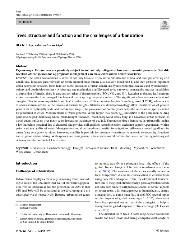 (PDF) Trees: structure and function and the challenges of urbanization
