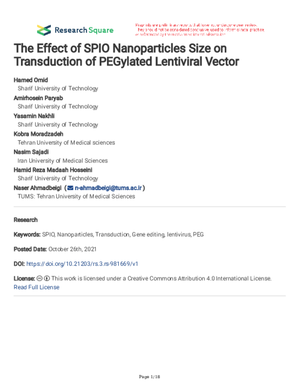 (PDF) The Effect of SPIO Nanoparticles Size on Transduction of ...