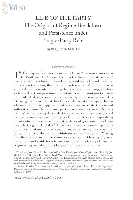 (PDF) Life of the party: The origins of regime breakdown and ...