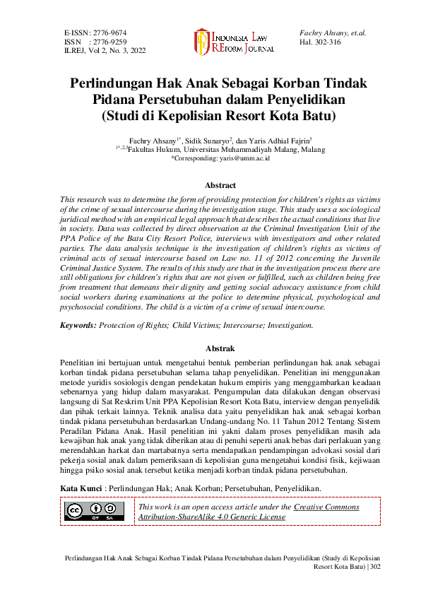 (PDF) Perlindungan Hak Anak Sebagai Korban Tindak Pidana Persetubuhan dalam Penyelidikan