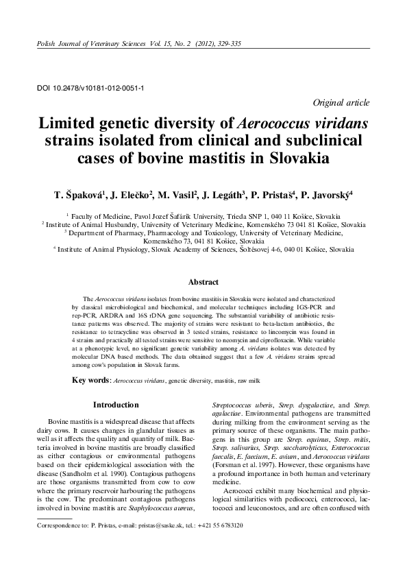 (PDF) Limited genetic diversity of Aerococcus viridans strains isolated ...