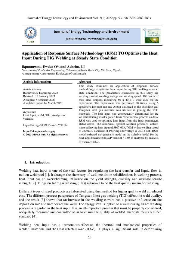 (PDF) Application of Response Surface Methodology (RSM) TO Optimise the Heat Input During TIG ...