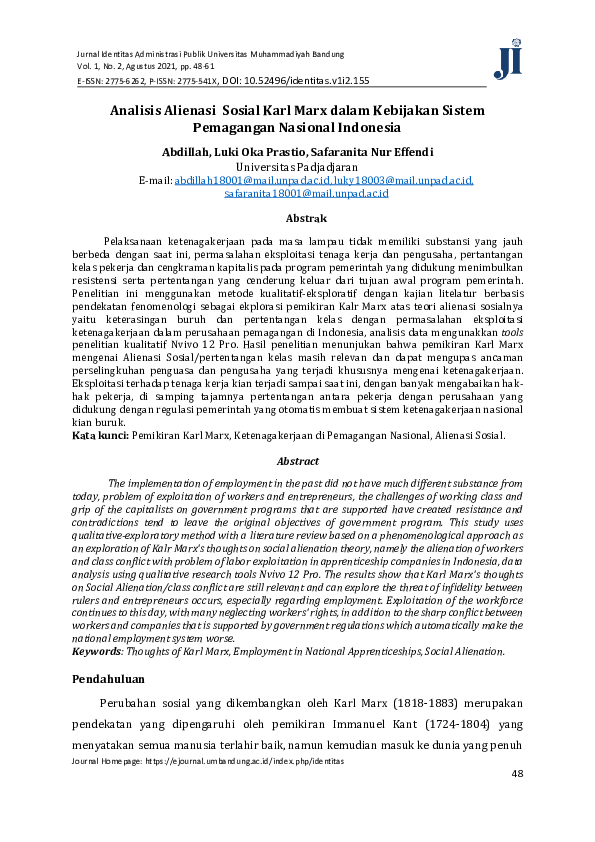 (PDF) Analisis Alienasi Sosial Karl Marx dalam Kebijakan Sistem ... (PDF) Analisis Alienasi Sosial Karl Marx dalam Kebijakan Sistem ...