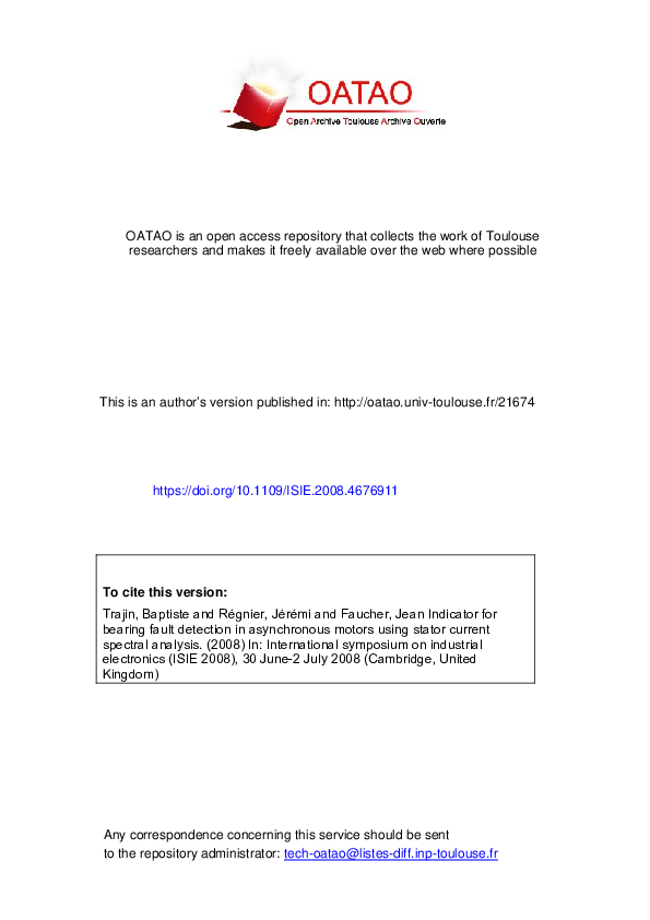Pdf Indicator For Bearing Fault Detection In Asynchronous Motors Using Stator Current Spectral