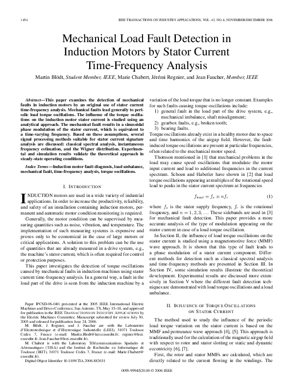(PDF) Mechanical Load Fault Detection in Induction Motors by Stator Current Time-Frequency Analysis