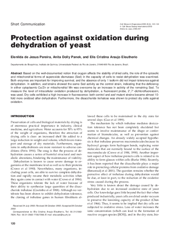 (PDF) Protection against oxidation during dehydration of yeast