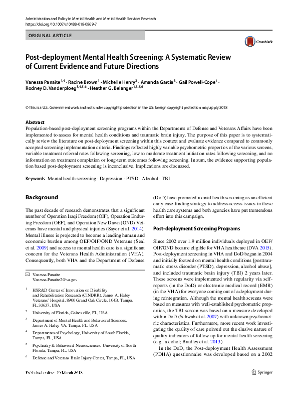 (PDF) Post-deployment Mental Health Screening: A Systematic Review of ...