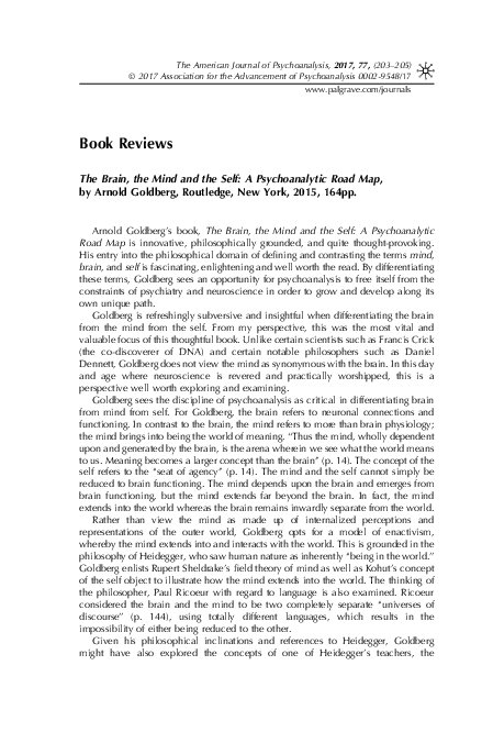 (PDF) The Brain, the Mind and the Self: A Psychoanalytic Road Map, by ...