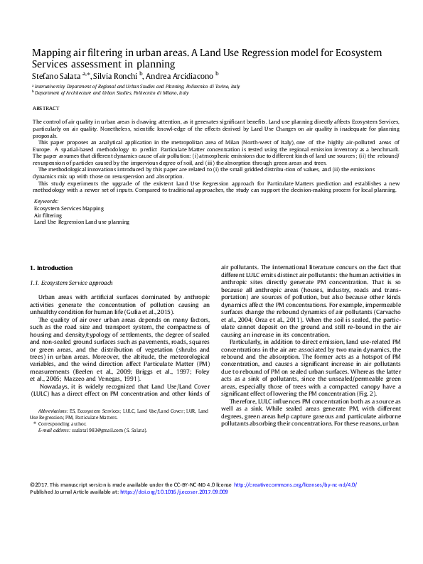 (PDF) Mapping air filtering in urban areas. A Land Use Regression model for Ecosystem Services ...
