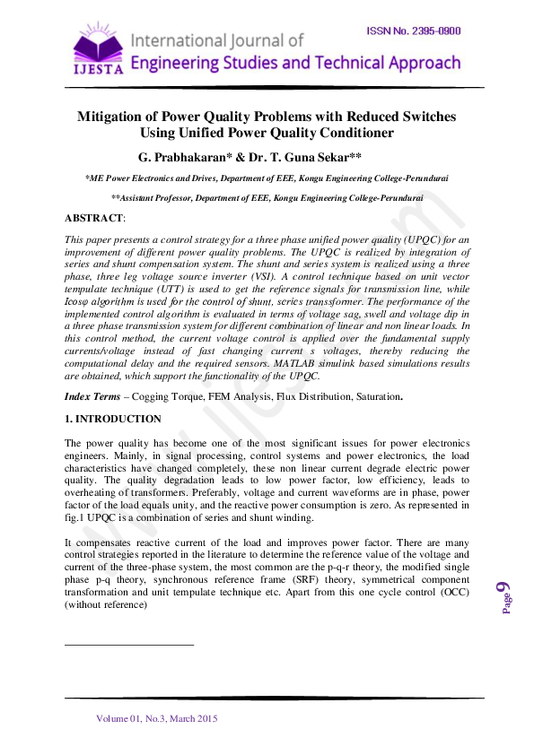 (PDF) Mitigation of Power Quality Problems with Reduced Switches Using Unified Power Quality ...