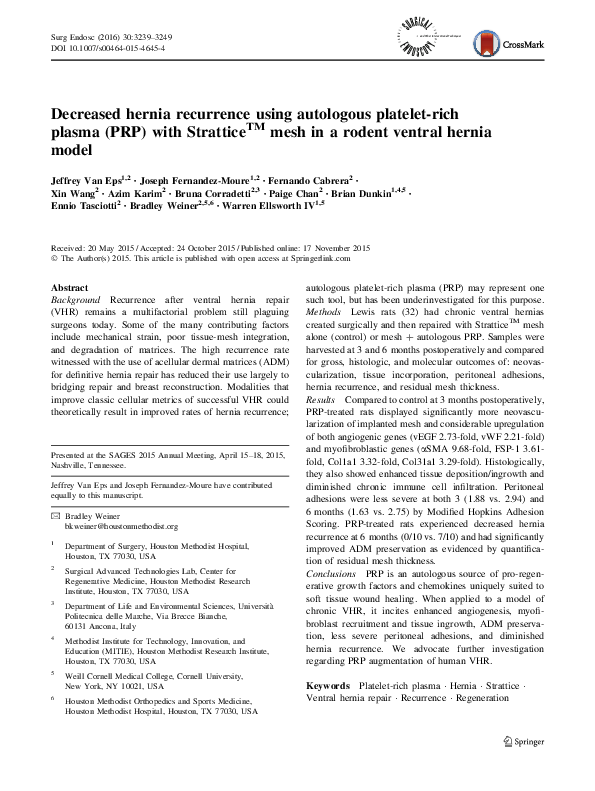 (PDF) Decreased hernia recurrence using autologous platelet-rich plasma ...