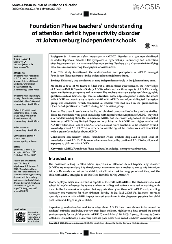 (PDF) Foundation Phase teachers’ understanding of attention deficit hyperactivity disorder at ...