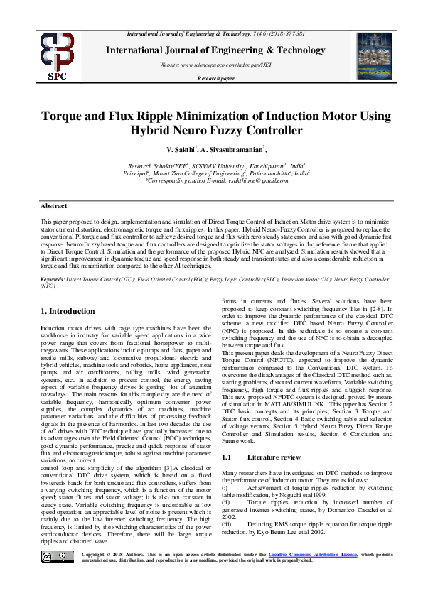 Pdf Torque And Flux Ripple Minimization Of Induction Motor Using Hybrid Neuro Fuzzy Controller