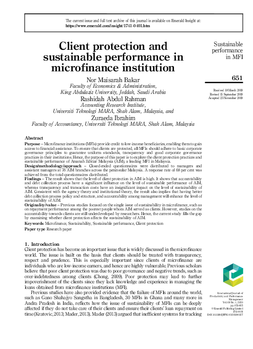 (PDF) Client protection and sustainable performance in microfinance ...