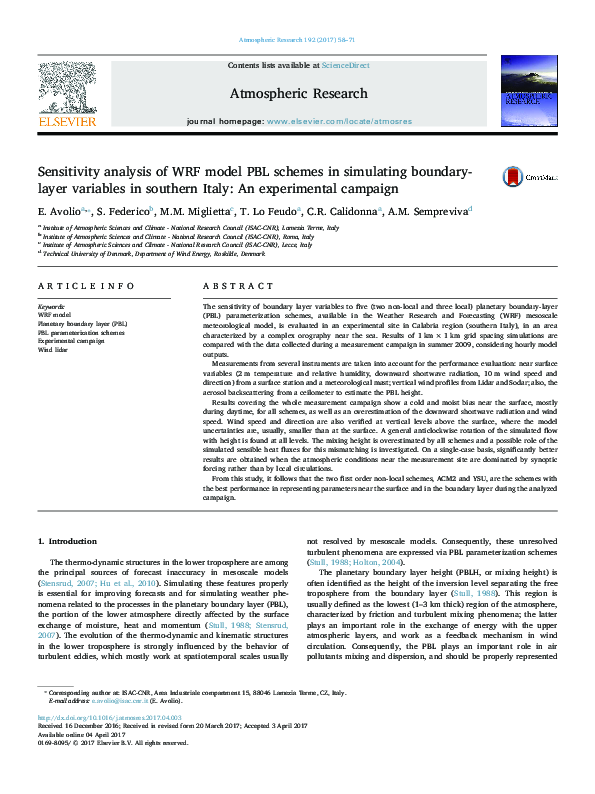 (PDF) Sensitivity analysis of WRF model PBL schemes in simulating ...