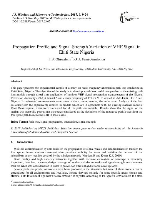 Pdf Propagation Profile And Signal Strength Variation Of Vhf Signal In Ekiti State Nigeria