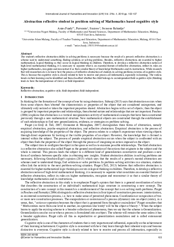 (PDF) Abstraction reflective student in problem solving of Mathematics based cognitive style