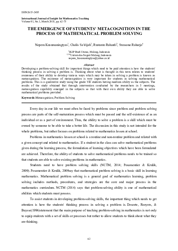 (PDF) The Emergence of Students’ Metacognition in the Process of ...