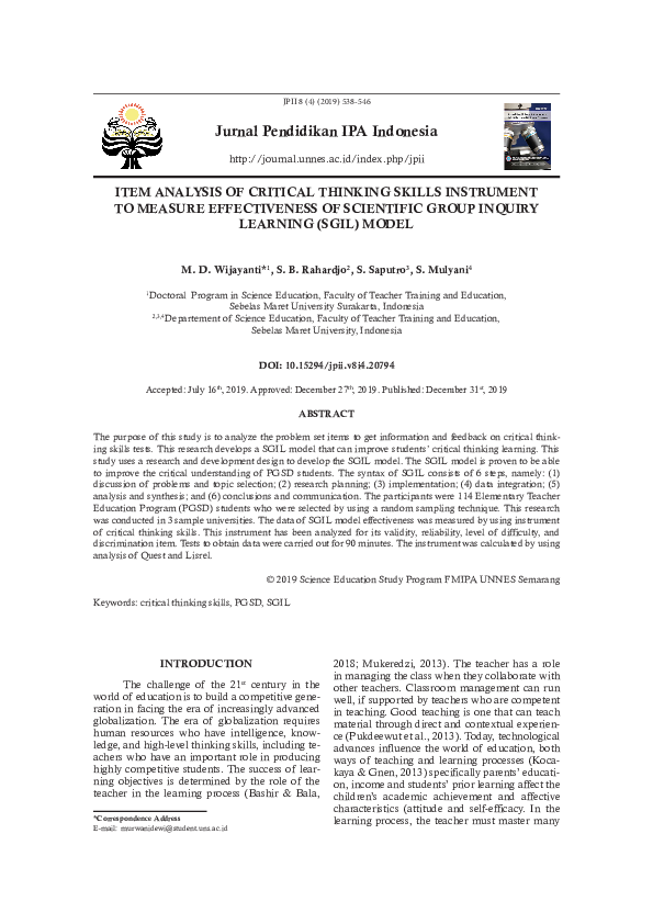(PDF) Item Analysis of Critical Thinking Skills Instrument to Measure ...