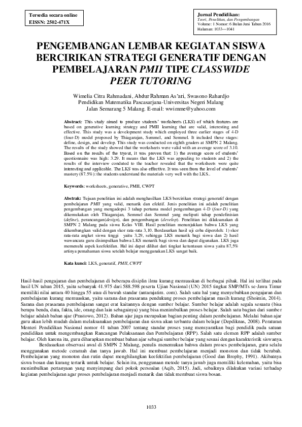 (PDF) Pengembangan Lembar Kegiatan Siswa Bercirikan Strategi Generatif Dengan Pembelajaran Pmii ...