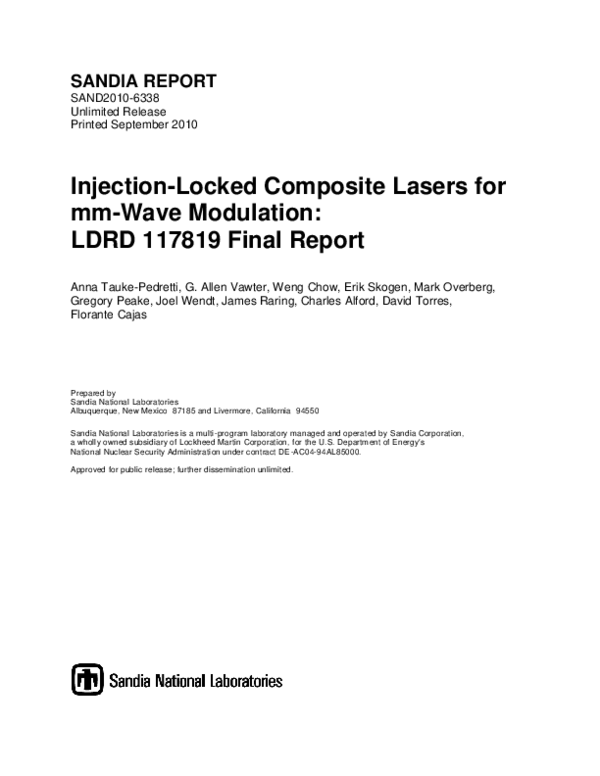 (PDF) Injection-locked composite lasers for mm-wave modulation : LDRD ...