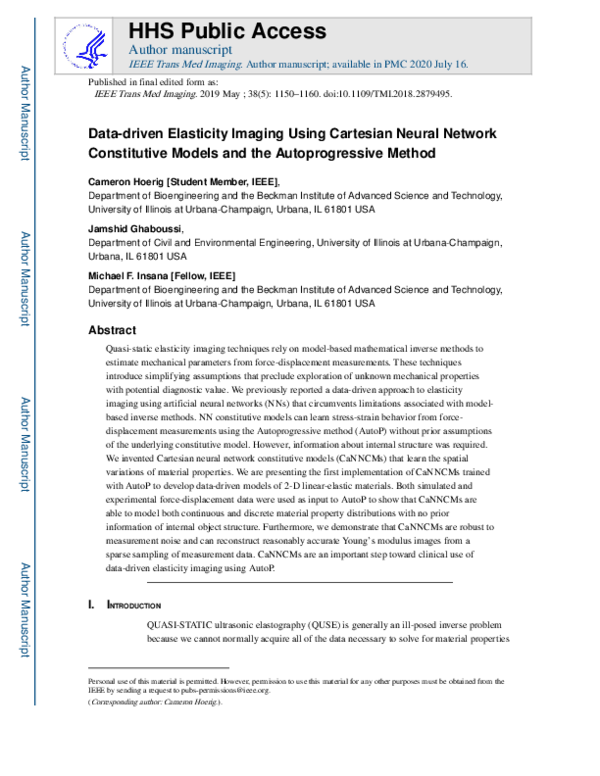 Pdf Data Driven Elasticity Imaging Using Cartesian Neural Network Constitutive Models And The