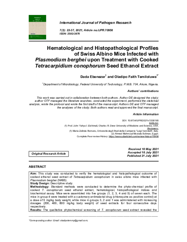 (PDF) Hematological and Histopathological Profiles of Swiss Albino Mice ...