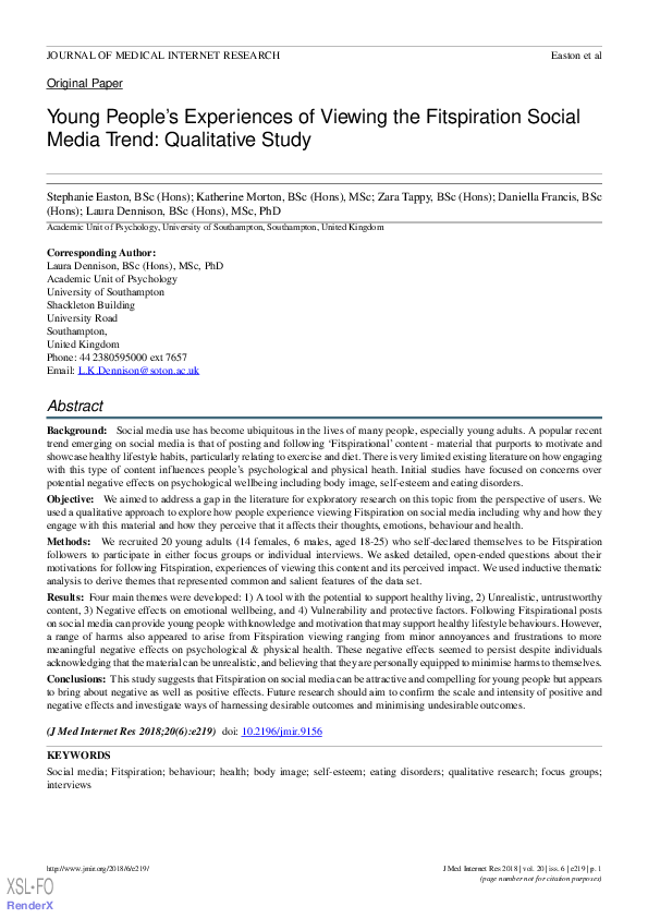 (PDF) Young People’s Experiences of Viewing the Fitspiration Social ...