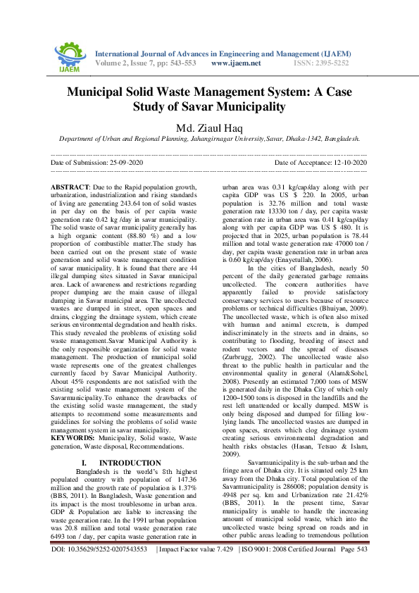 (PDF) Municipal Solid Waste Management System: A Case Study of Savar ...