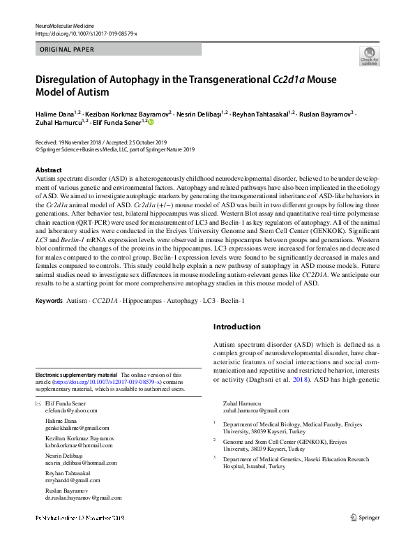 (PDF) Disregulation of Autophagy in the Transgenerational Cc2d1a Mouse ...