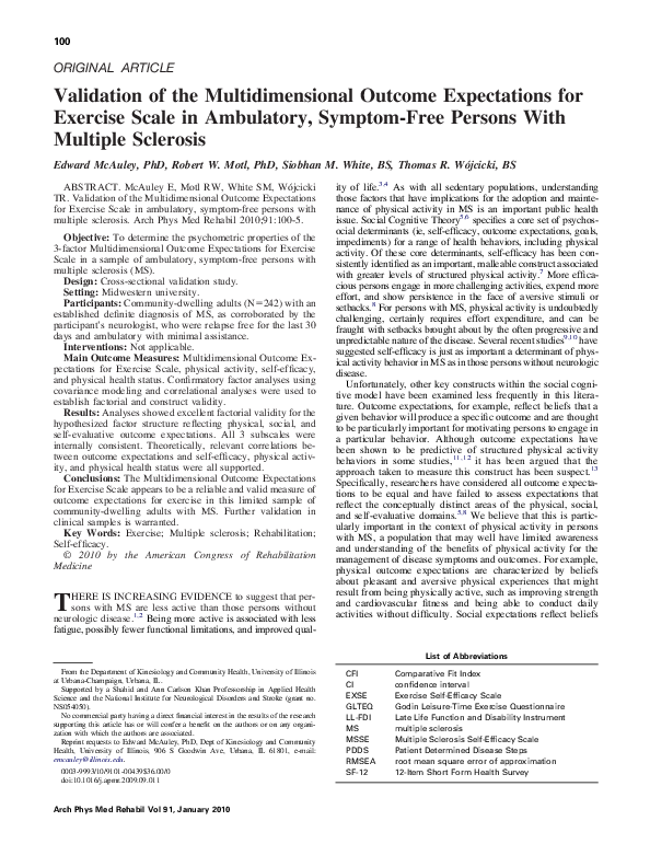 (PDF) Validation of the Multidimensional Outcome Expectations for Exercise Scale in Ambulatory ...