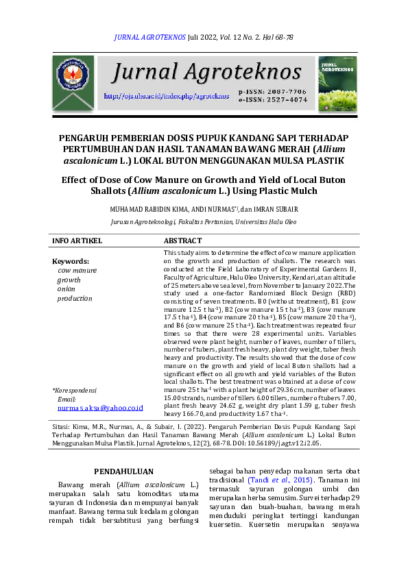 (PDF) PENGARUH PEMBERIAN DOSIS PUPUK KANDANG SAPI TERHADAP PERTUMBUHAN DAN HASIL TANAMAN BAWANG ...