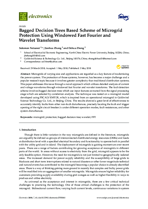 Pdf Bagged Decision Trees Based Scheme Of Microgrid Protection Using Windowed Fast Fourier And