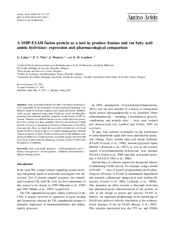 (PDF) A MBP-FAAH fusion protein as a tool to produce human and rat ...