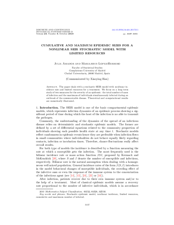 Pdf Cumulative And Maximum Epidemic Sizes For A Nonlinear Seir
