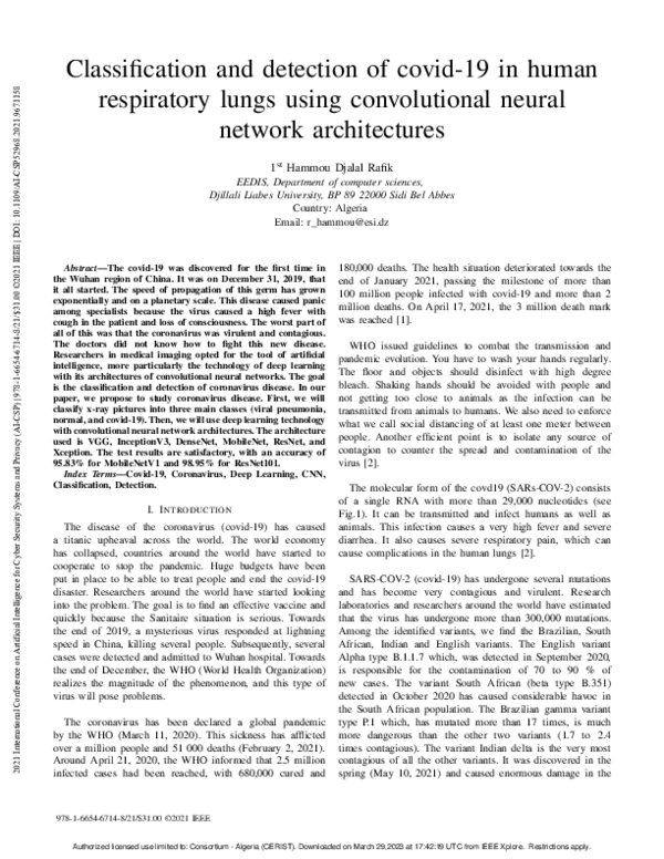 (PDF) Classification and detection of covid-19 in human respiratory lungs using convolutional ...