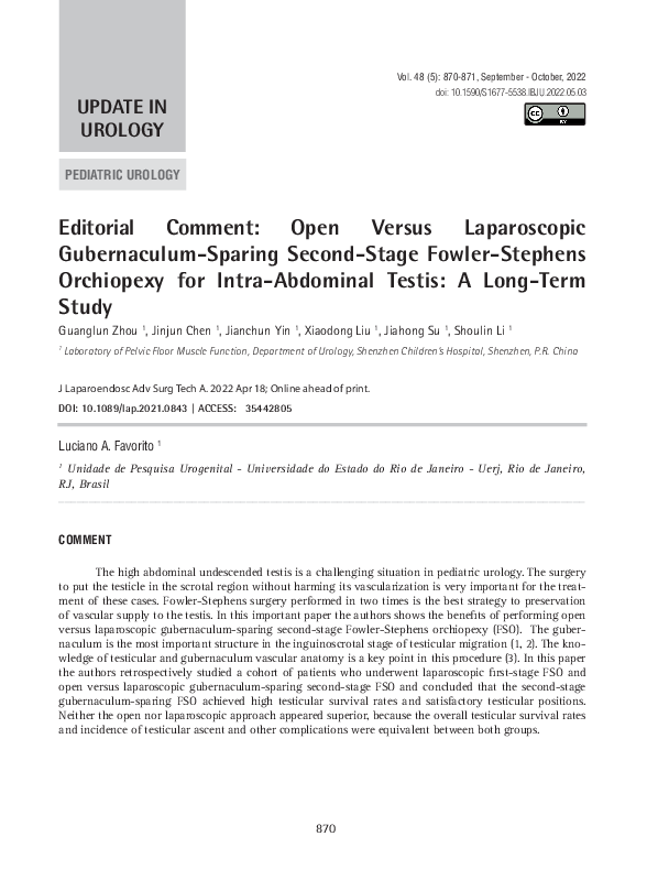 (PDF) Editorial Comment: Open Versus Laparoscopic Gubernaculum-Sparing Second-Stage Fowler ...
