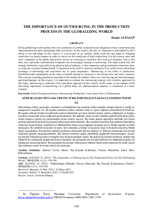 (PDF) The Importance of Outsourcing in the Production Process in the Globalizing World