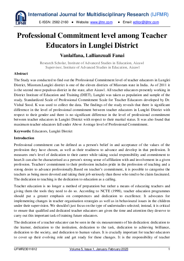 (PDF) Professional Commitment Level among Teacher Educators in Lunglei ...
