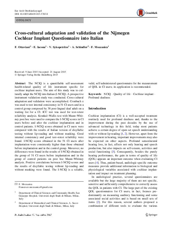 (PDF) Cross-cultural adaptation and validation of the Nijmegen Cochlear ...