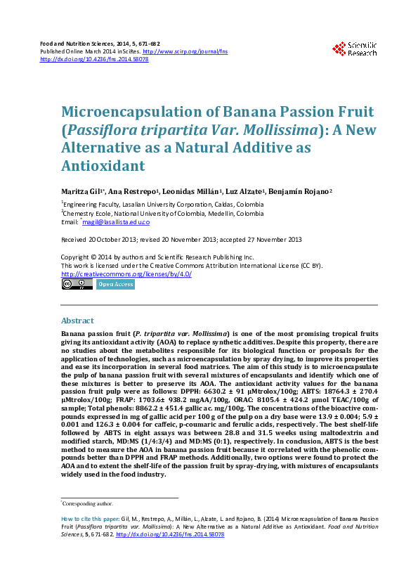 (PDF) Microencapsulation of Banana Passion Fruit ( Passiflora tripartita Var. Mollissima ): A ...