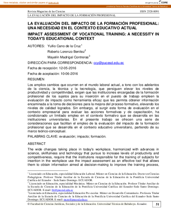 (PDF) La Evaluación Del Impacto De La Formación Profesional: Una Necesidad en El Contexto ...