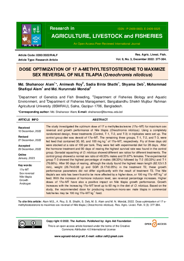 Pdf Dose Optimization Of 17 α Methyltestosterone To Maximize Sex Reversal Of Nile Tilapia
